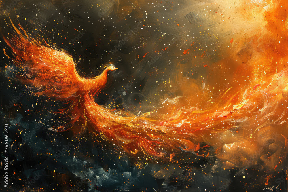 phoenix, orange and gold color palette, fire particles. Created with Ai ...