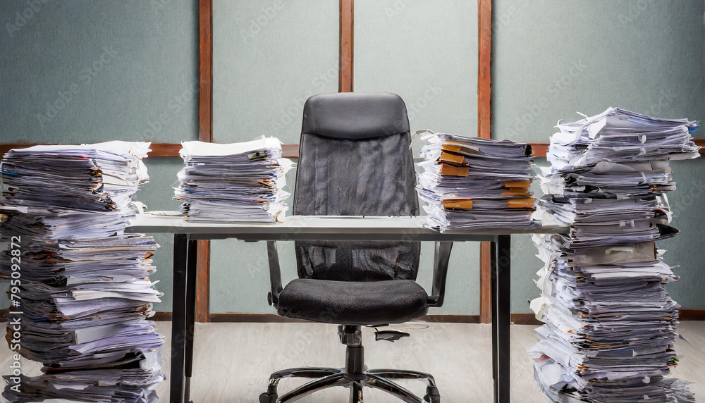 An office desk and chair with stacks of paper. Bureaucracy or stress ...