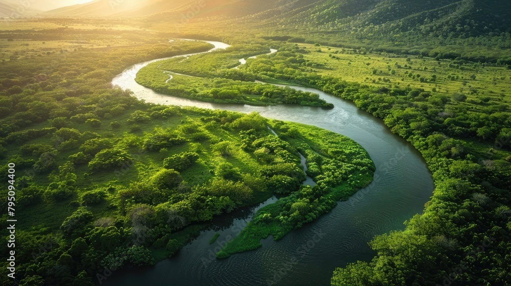 A tranquil river winding its way through a lush green valley, its ...