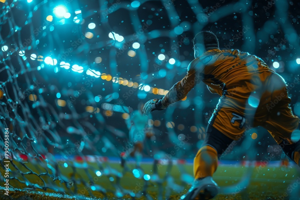 An action-packed moment captures a goalkeeper stretching to his limits ...
