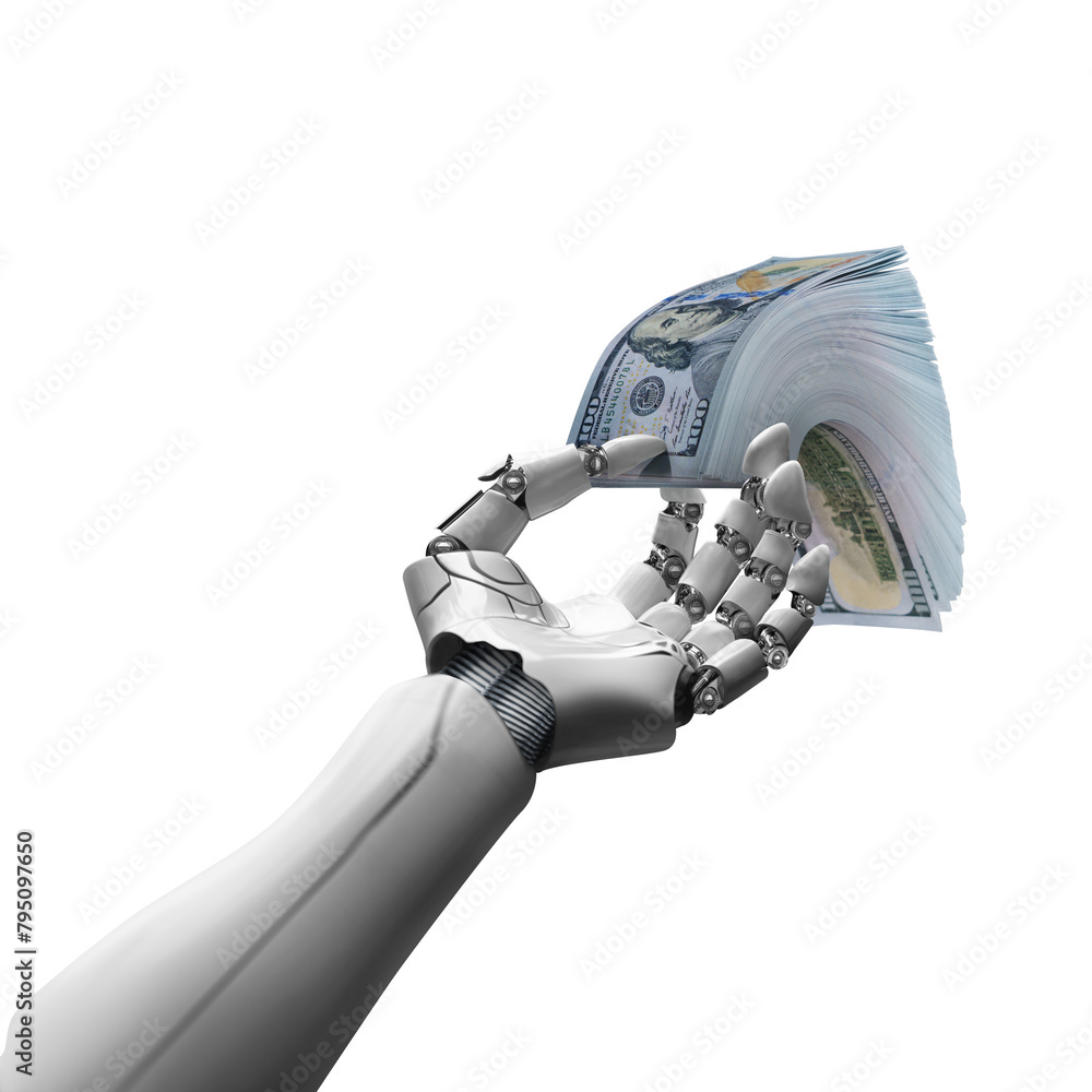 White cyborg robotic hand holding a stack of money with his finger ...