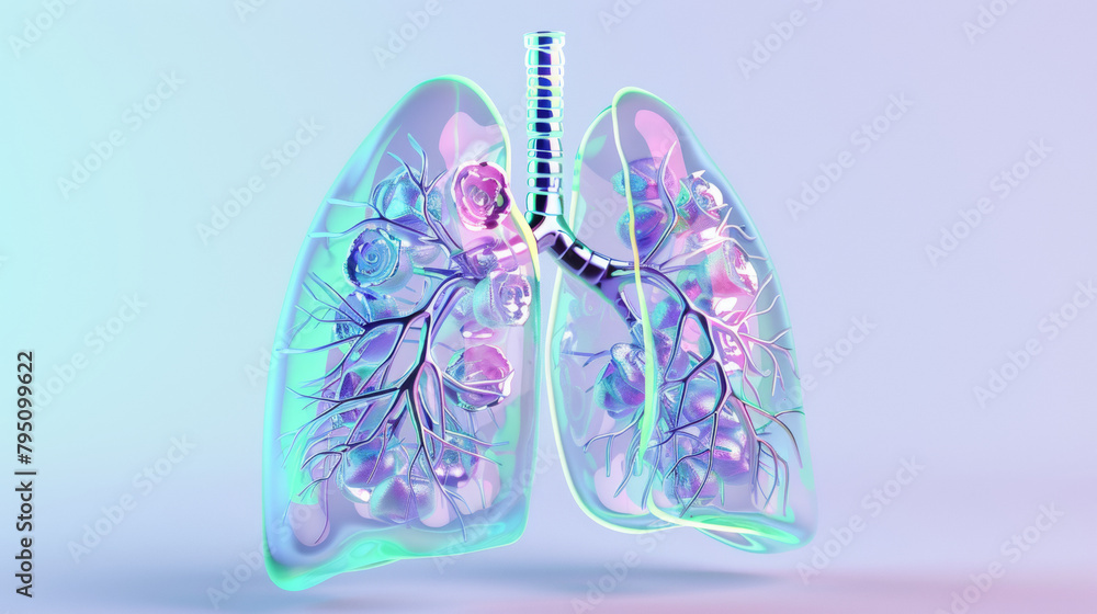 A lung is shown in a clear plastic container with a purple and blue ...