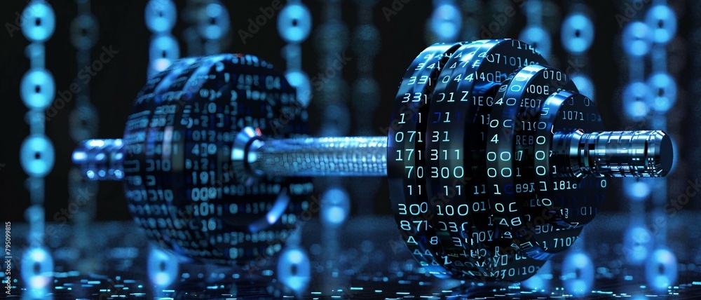 digital blue dumbbell with binary code , ai into fitness tracking apps ...