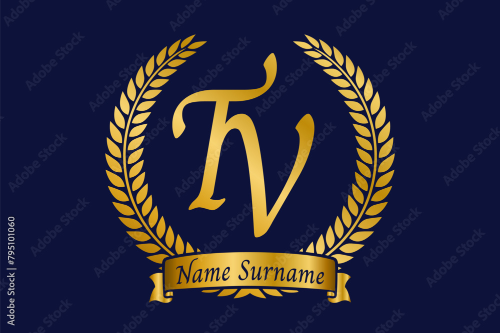 Initial letter T and V, TV monogram logo design with laurel wreath ...