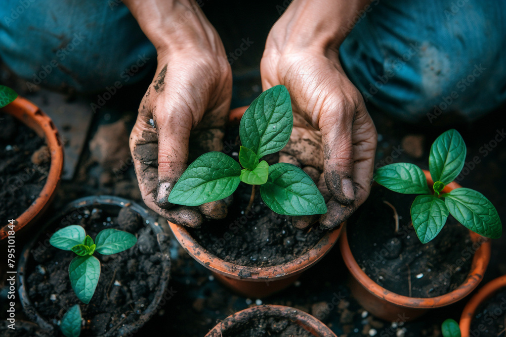Hands planting a seedling in a pot, metaphor for growth and nurturing ...