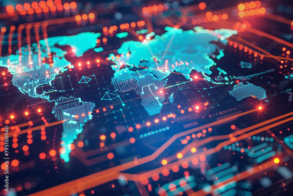 High tech digital world map with glowing connections between countries ...