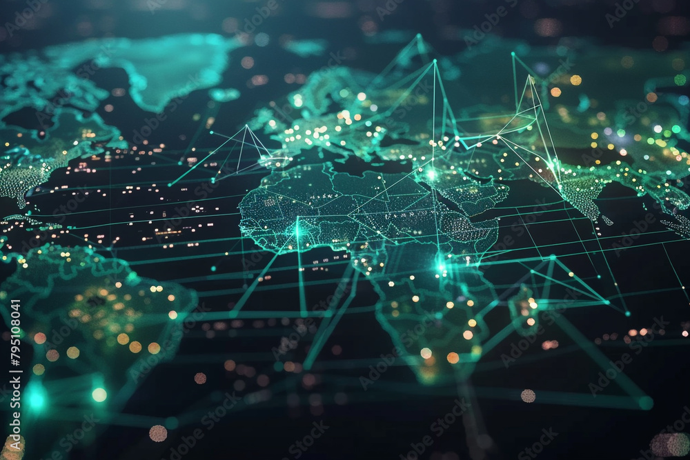 High tech digital world map with glowing connections between countries ...