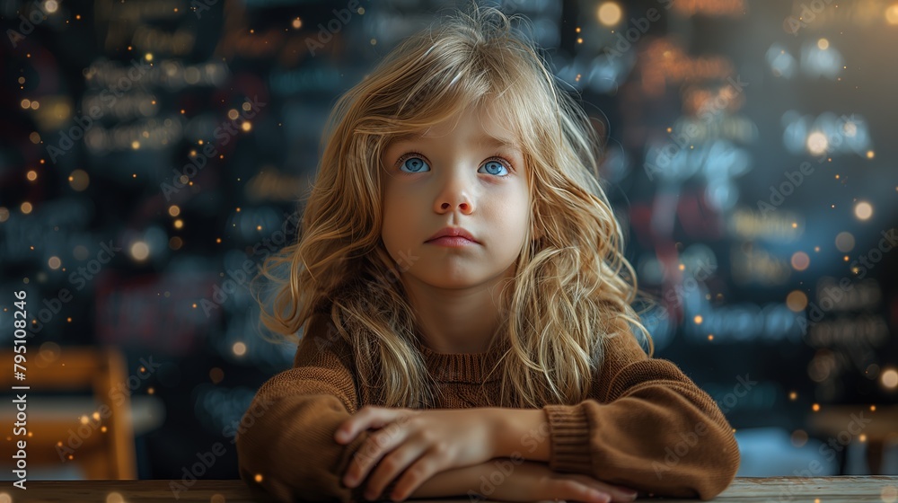 curious girl day dreaming in class room with bokeh light glitter glow ...