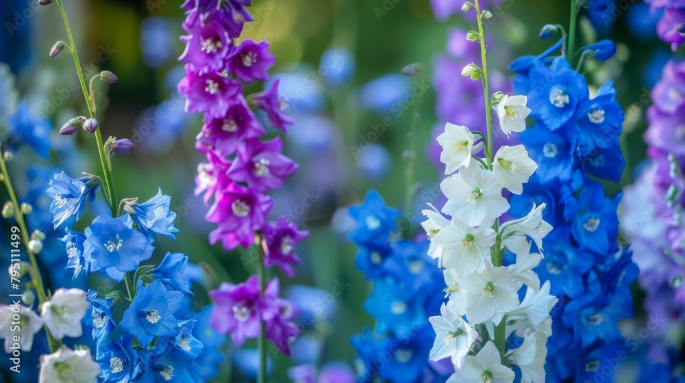 Delphinium blooms in shades of blue, purple, and white, adding height ...