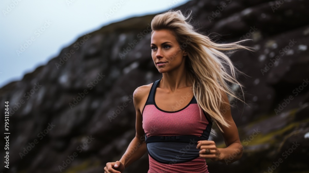 Beautiful Scandinavian woman with model looks, doing running exercises ...