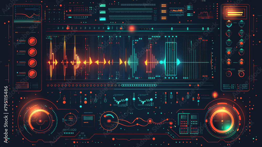 Complex red audio waveform interface with detailed sound analysis tools ...