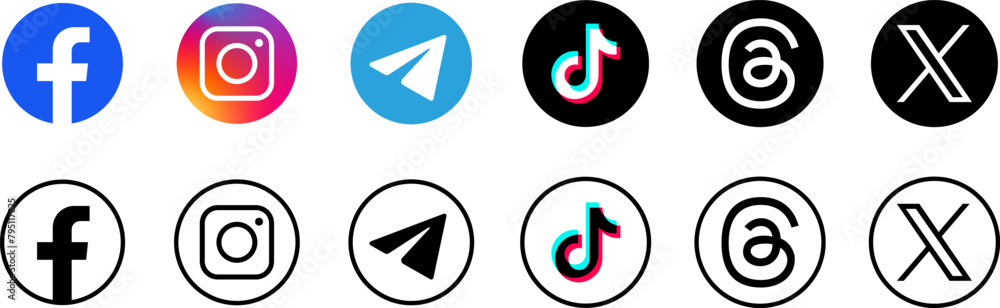 Facebook , Instagram , Twitter X, TikTok, Threads logo icon with circle outline frame. Social ...