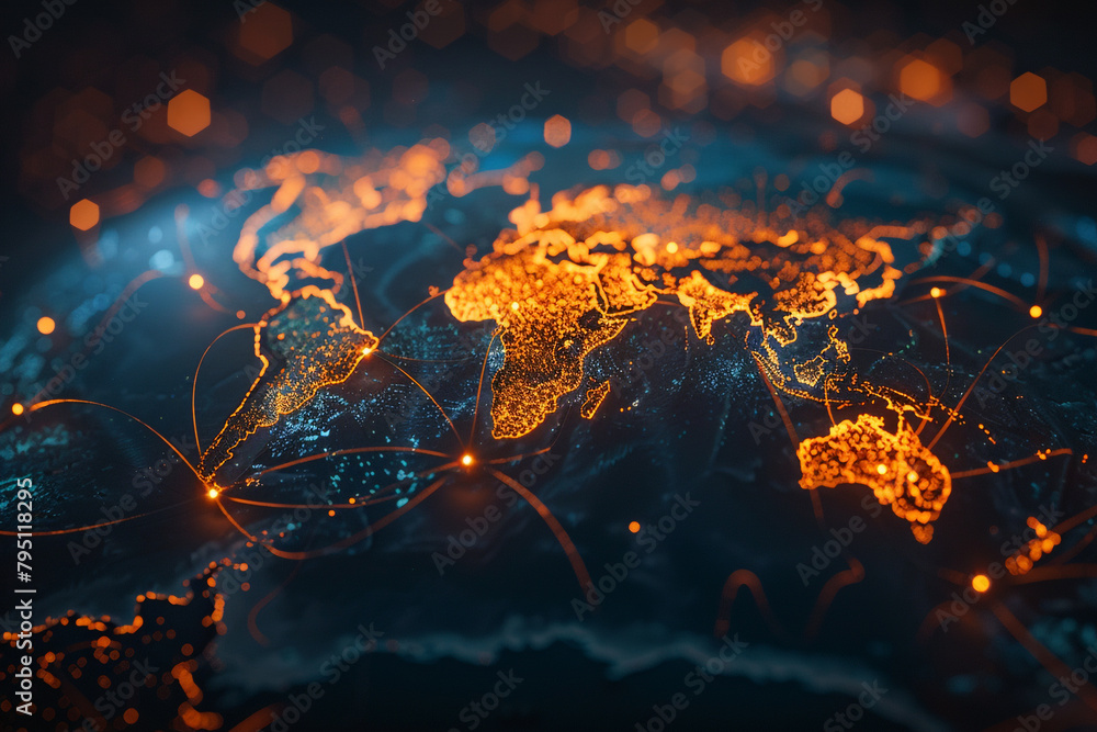 Illuminated global map highlighting financial centers, glowing ...