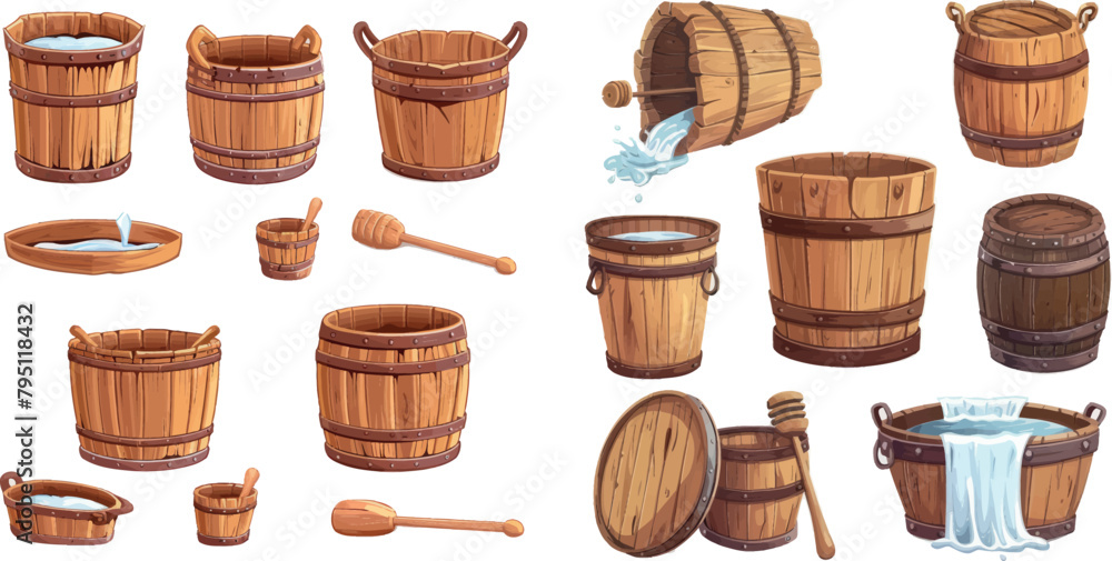 Cartoon wooden buckets. Wood bucket with flowing water or milk Stock ...
