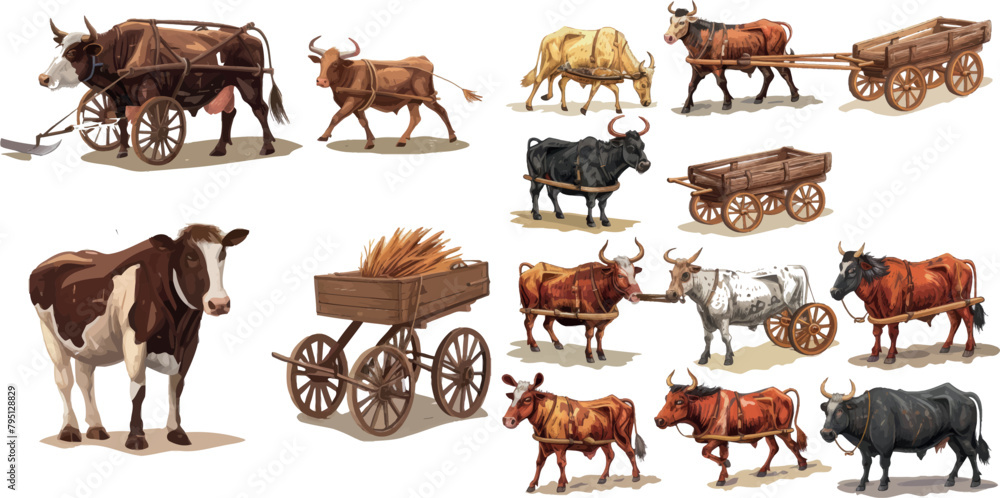 Draft animals cart. Yoke oxen pulling carts, village horse farm power ...