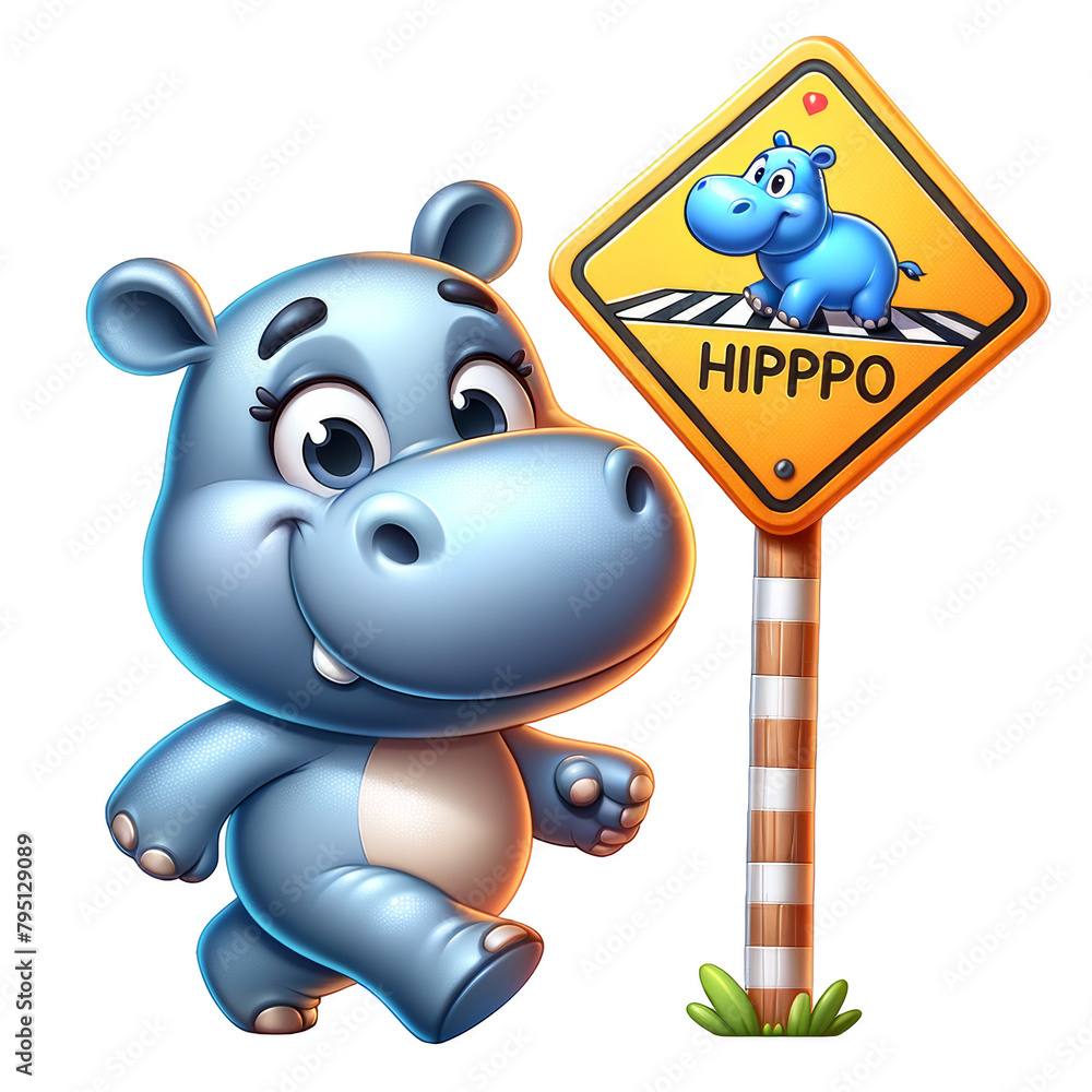 Hippo walking next to a hippo zebra crossing roadsign. Cartoon ...