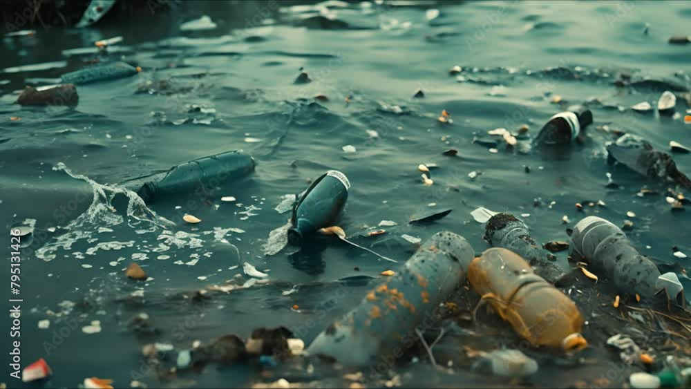 Polluted world ocean. Garbage and waste in the water. Animals suffer ...