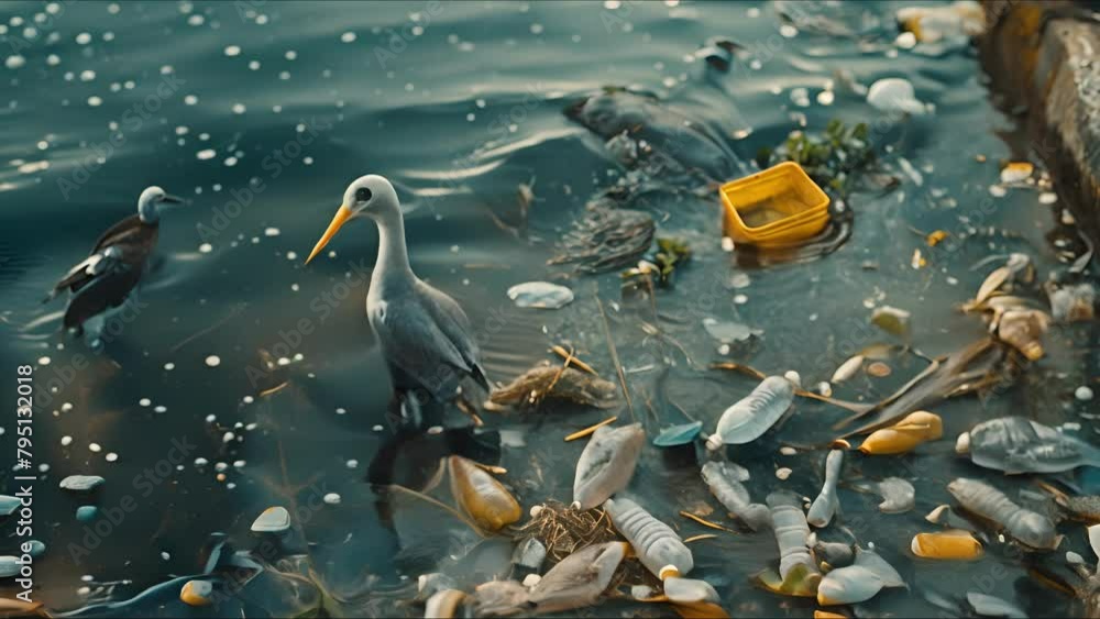 Polluted world ocean. Garbage and waste in the water. Animals suffer ...