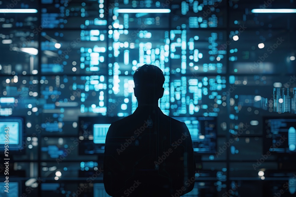 Person silhouette against glowing digital backdrop. Male standing on a flow of data showing ...