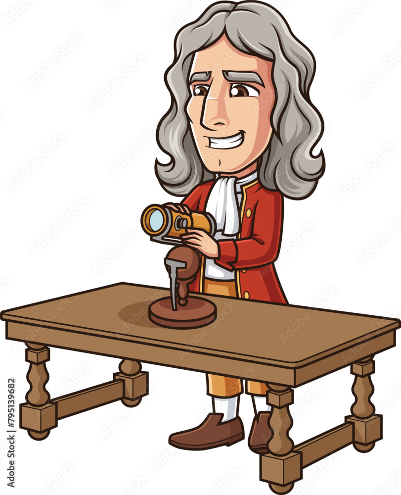 Cartoon isaac newton inventing reflecting telescope vector illustration ...