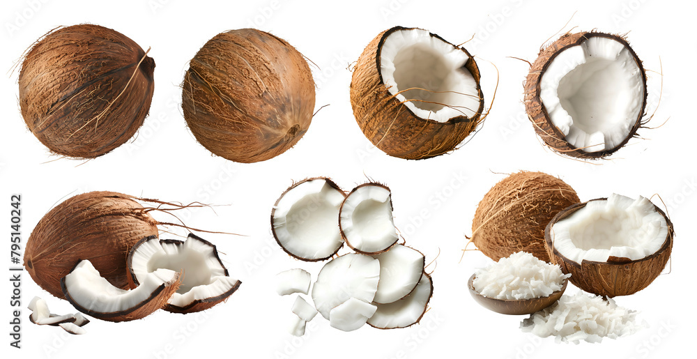 Coconut coconut fruit, many angles and view side top front group sliced ...
