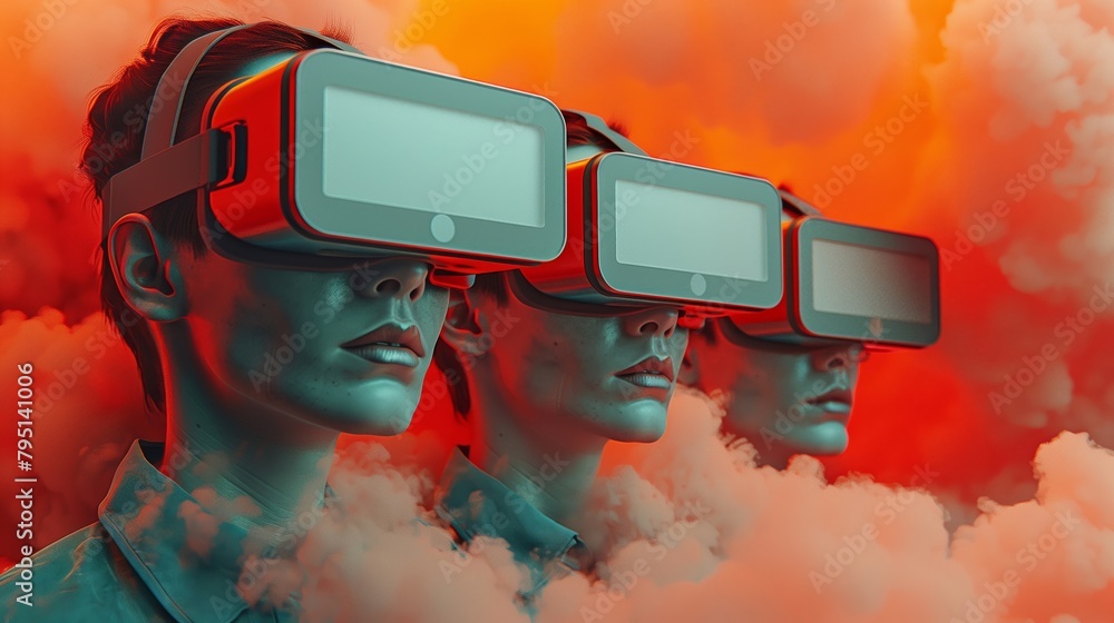 Retro-futuristic trio with vr glasses: stylized 3d rendered image of ...