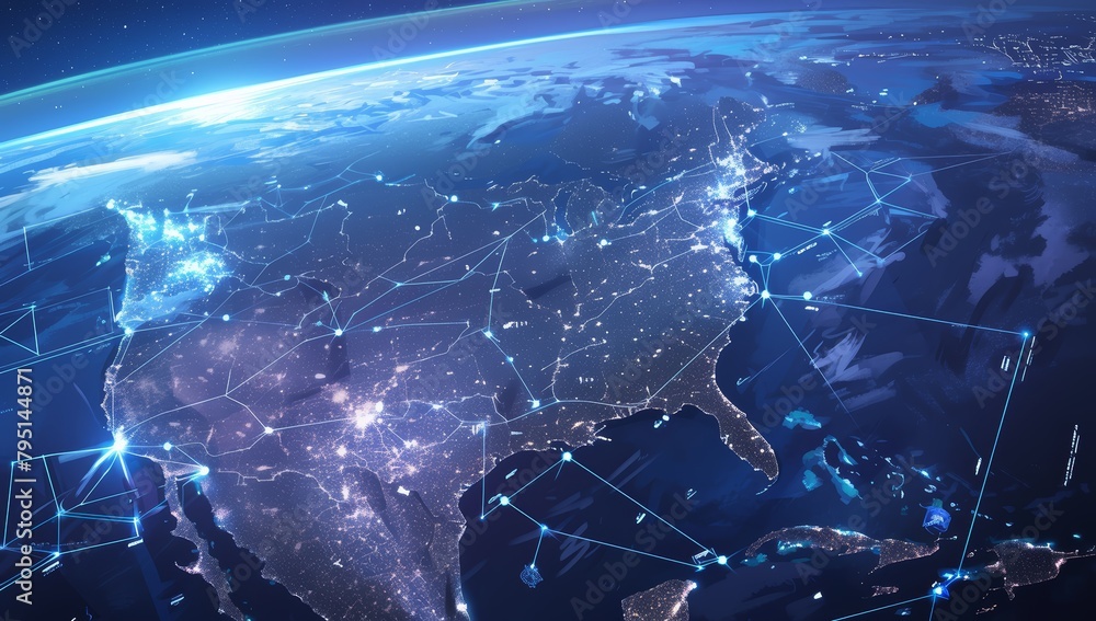A global map of North America with connecting lines symbolizing the ...