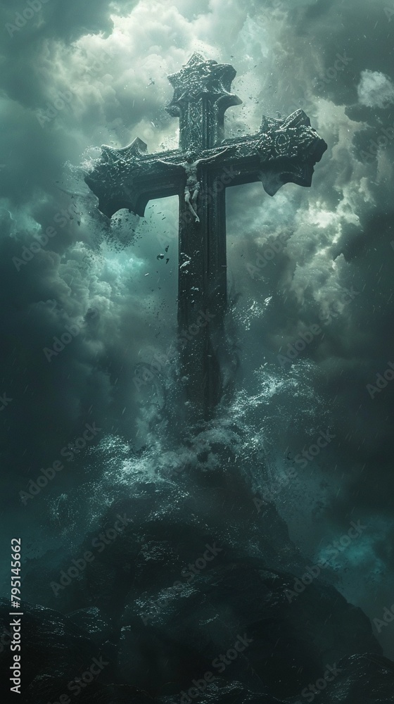 Satanic cross, a gothic symbol etched against a stormy sky Stock ...