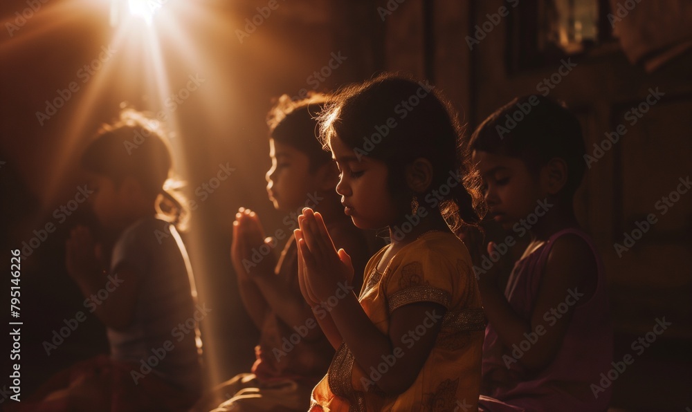 Group of children praying in dark room with sun light going through ...