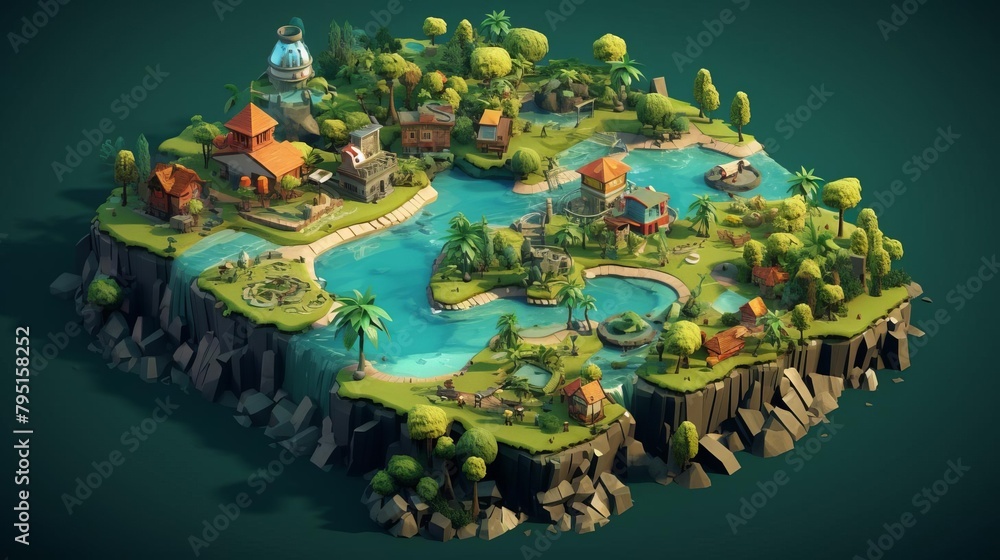 Realistic isometric frontend overview of an island, showing a vibrant ...