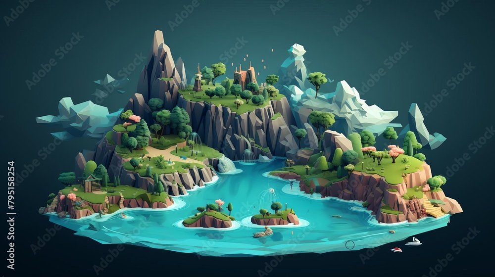 Realistic isometric frontend overview of an island, showing a vibrant ...