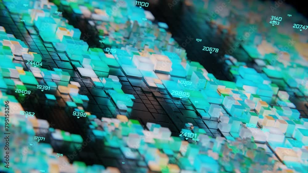 3d render abstract background with graph made of box particles. Finance graph with details ...