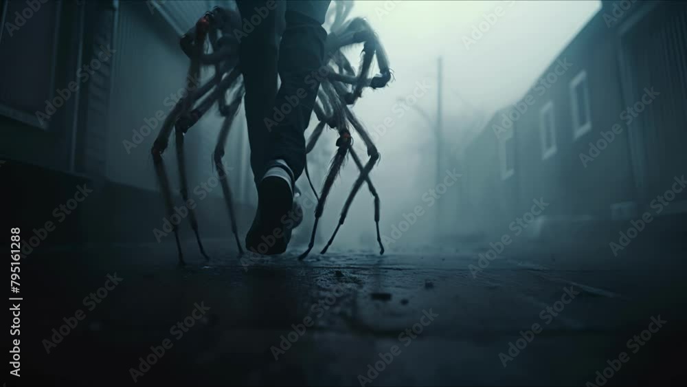 Scary night city in the fog. People trapped in a spider web. Nightmare ...