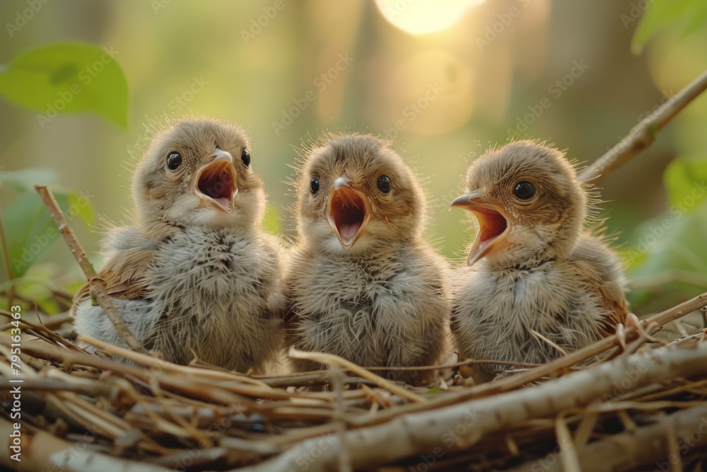 Close up shots of new born yellow baby birds with their mouths open in ...