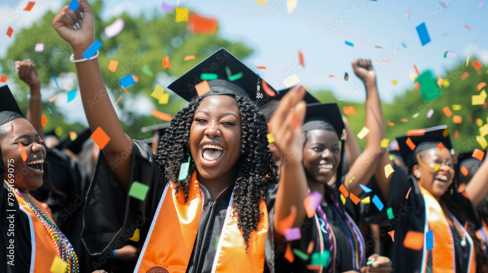 Happy young afro-american grad women are smiling celebrating graduation ...