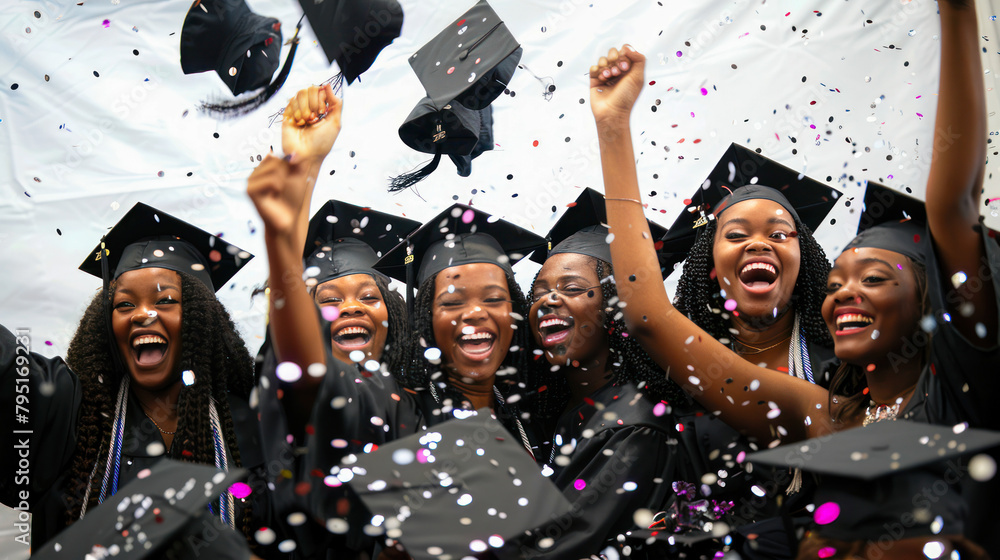 Happy young afro-american grad women are smiling celebrating graduation ...