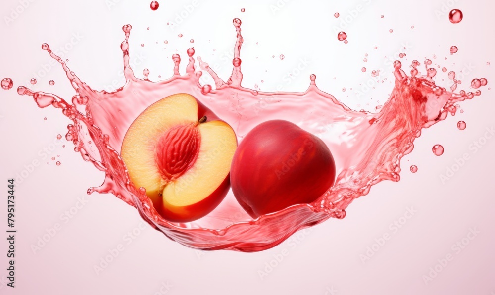 A peach is shown in front of a white background with a pink splash next ...