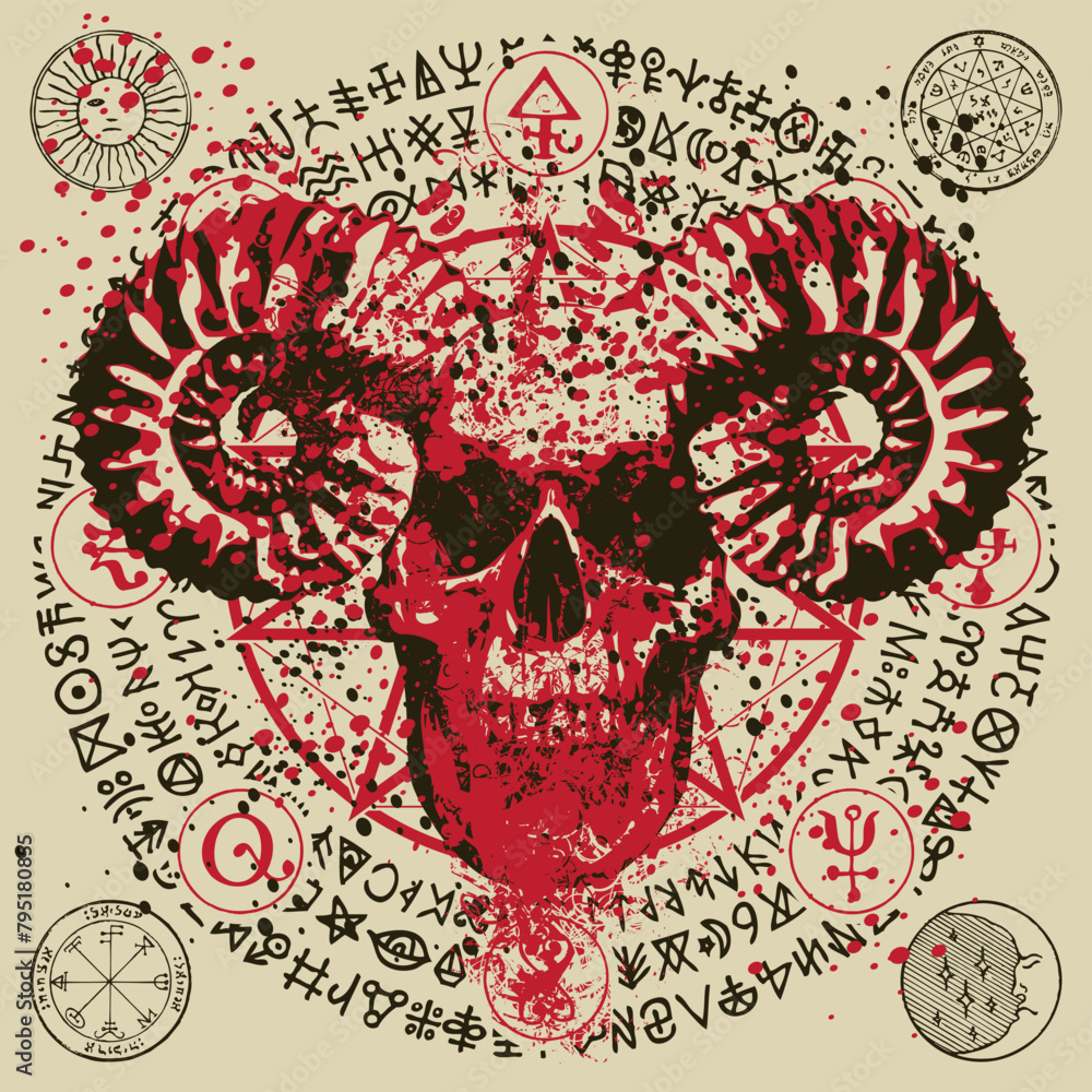 Vector illustration with people skull with horns, blood spots ...