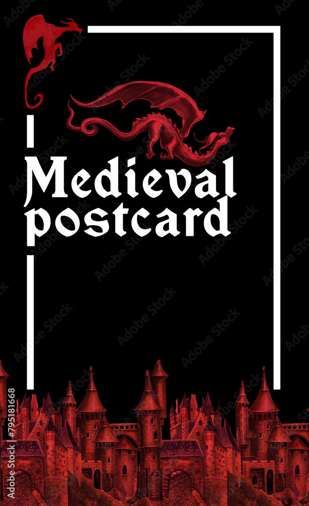 Postcard in gothic retro medieval style. With pictures of various ...