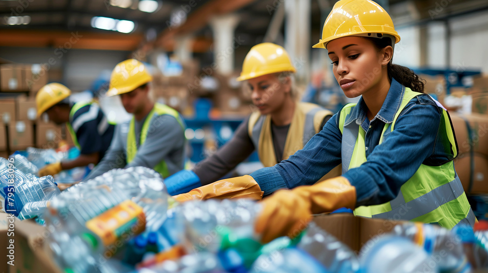 Group of Worker Sorting Recyclable Plastic trash in waste disposal ...