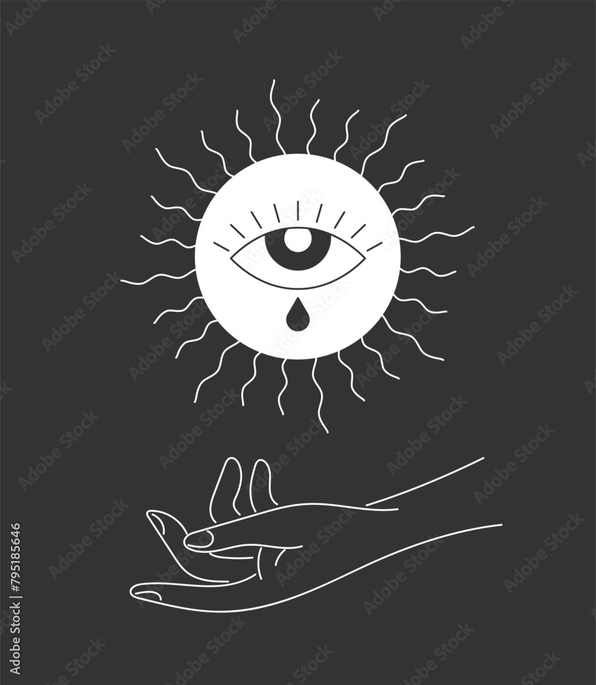 Esoteric celestial eye in summer solstice sun sign levitate over woman ...