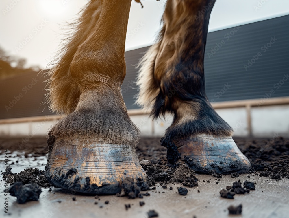 The hooves of a horse are dirty and worn, with a black and brown ...