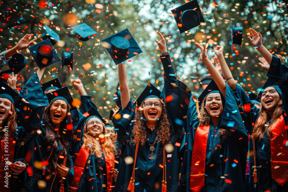 Group of cheerful student throwing graduation caps in the air ...