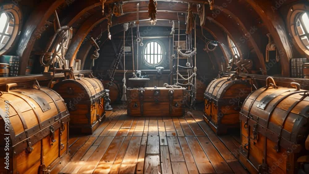 Antique Galleon's Deck with Chests and Cannons. Concept Pirate Ship ...