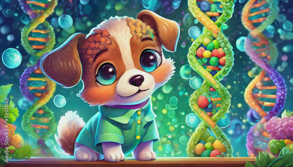 oil painting style cartoon CHARACTER CUTE BABY DOG Molecular biologist ...