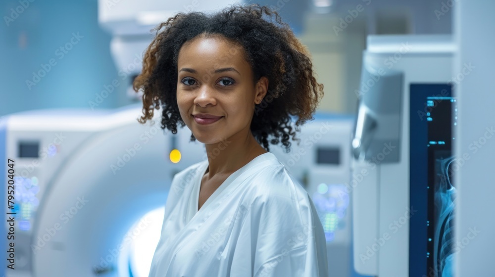 Hospital radiology room Beautiful multiracial women standing in medical ...