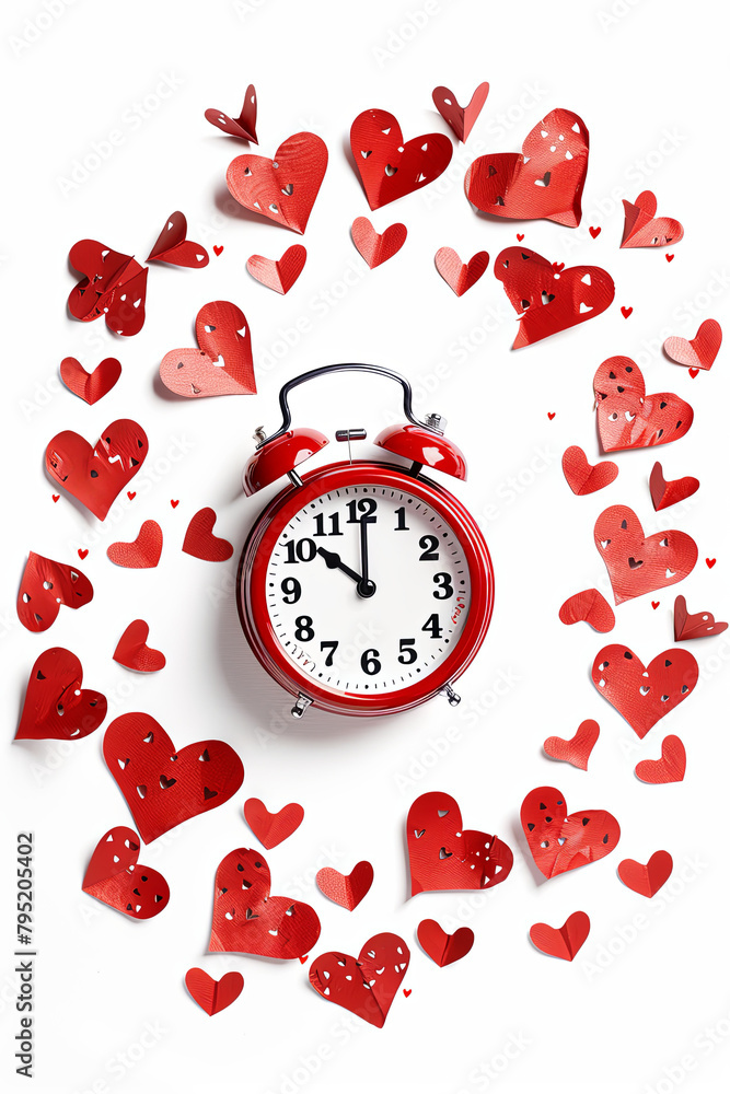 Heart-shaped clock emitting an alarm sound, encircled by additional ...