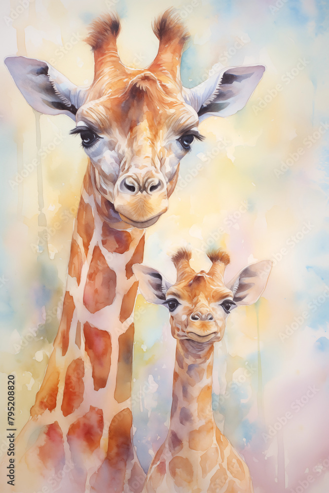 Watercolor giraffe, Watercolor mom giraffe and baby drawing for Baby ...