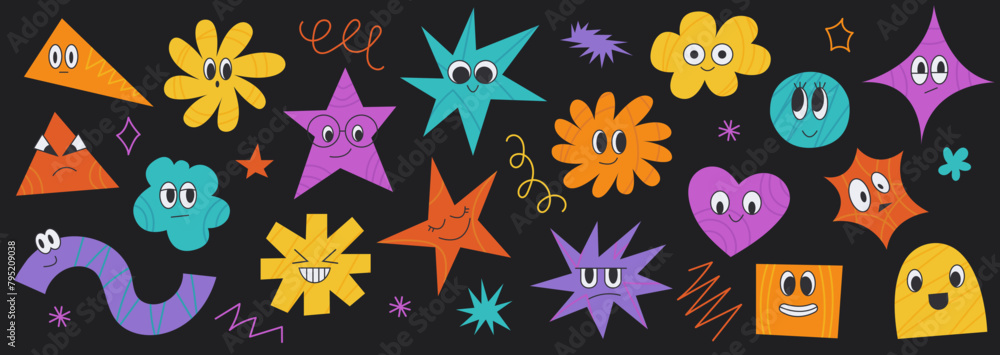 Set of abstract character figure. Geometric shape with comic face in ...