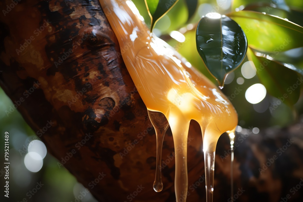 Artistic shot of a rubber tree with dripping latex, natural rubber ...